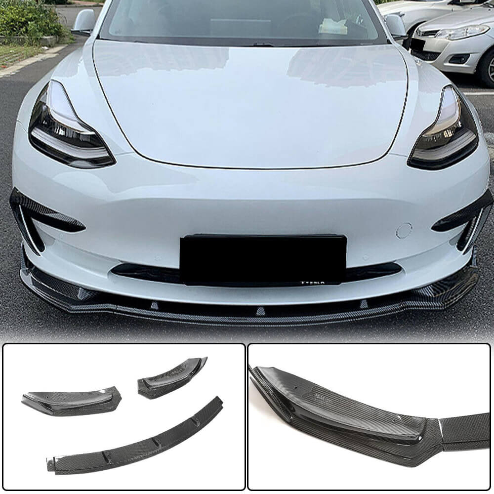 Tesla Model 3 Carbon Fiber Front Bumper Lip Spoiler | Exterior Mods